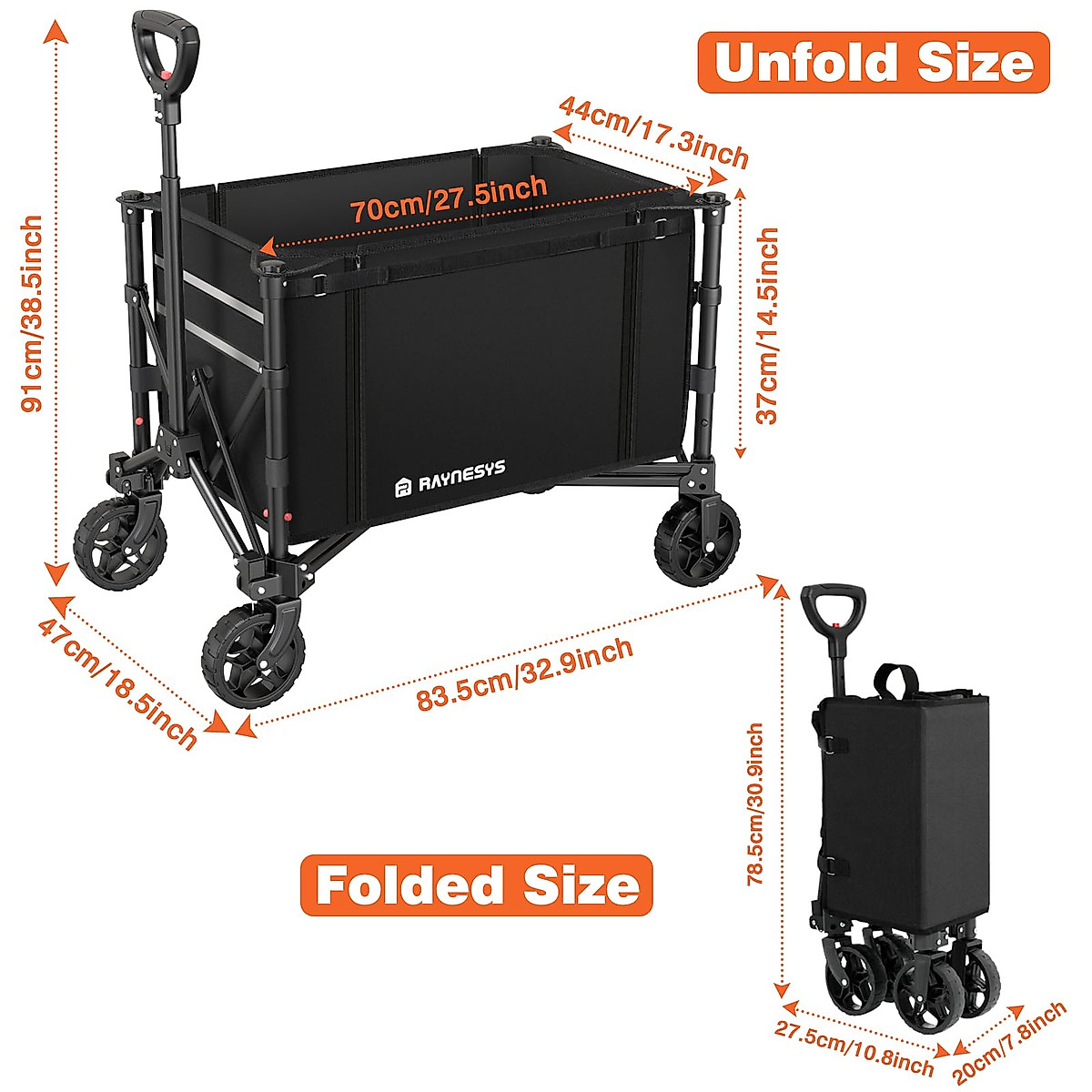 Raynesys 3 in 1 Collapsible Wagon Converts to Bench, 220lbs Foldable Wagon Cart with Wheels, 120L Shopping Cart for Groceries Folding Utility Wagon for Beach, Garden, Camping, Sport, Black