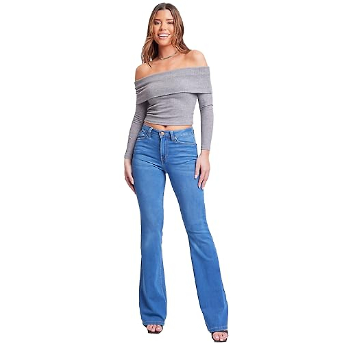 YMI Womens Hyper Denim Basic 5 PKT 1 BTN HR Flare Long Inseam, M08, XL