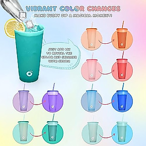 ODOSOLA Plastic Cups with Lids and Straws, 6 Pack 24oz Color Changing Cups, Reusable Cups With Lids and Straws Bulk for Adults Kid Women Party, Cute Cold Tumblers with Lids and Straws for Iced Coffee