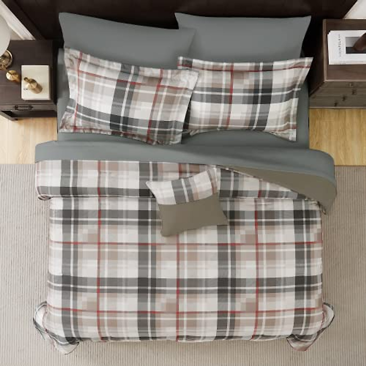 MaiRêve Queen Comforter Set, Plaid Design Comforter Set 8 Pieces, All Season Comfortable Bedding Sets Queen, Lightweight, Warm and Breathable (Khaki, Queen, 90"x90")