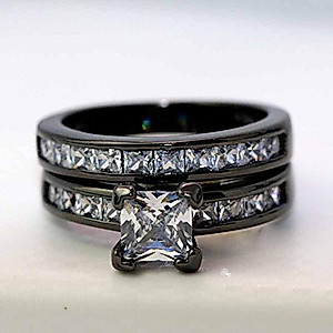 Bridal Sets Black Gold Plated Princess Cut 6mm Cz 2pcs Womens Wedding Band Ring Sets Engagement Ring