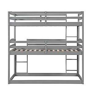 BOVZA Twin Over Twin Over Twin Bunk Bed, Wooden Triple Bunk Bed with Guardrails and Ladders, for Kids and Teens, Gray