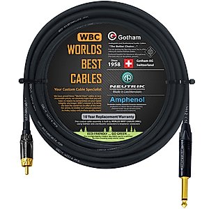 WORLDS BEST CABLES 40 Foot – TS to RCA Cable – Gotham GAC-1 Ultra Pro Low- Capacitance Instrument Cable & Neutrik NP2X-B & Amphenol ACPL-CBK Gold Plugs - CUSTOM MADE