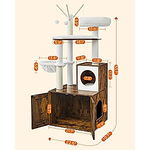 Feandrea WoodyWonders Cat Tree with Litter Box Enclosure, 2-in-1 Modern Tower, Furniture Hidden, Cat Condo with Scratching Posts, Removable Pompom Sticks, Rustic Brown UPCT113X01