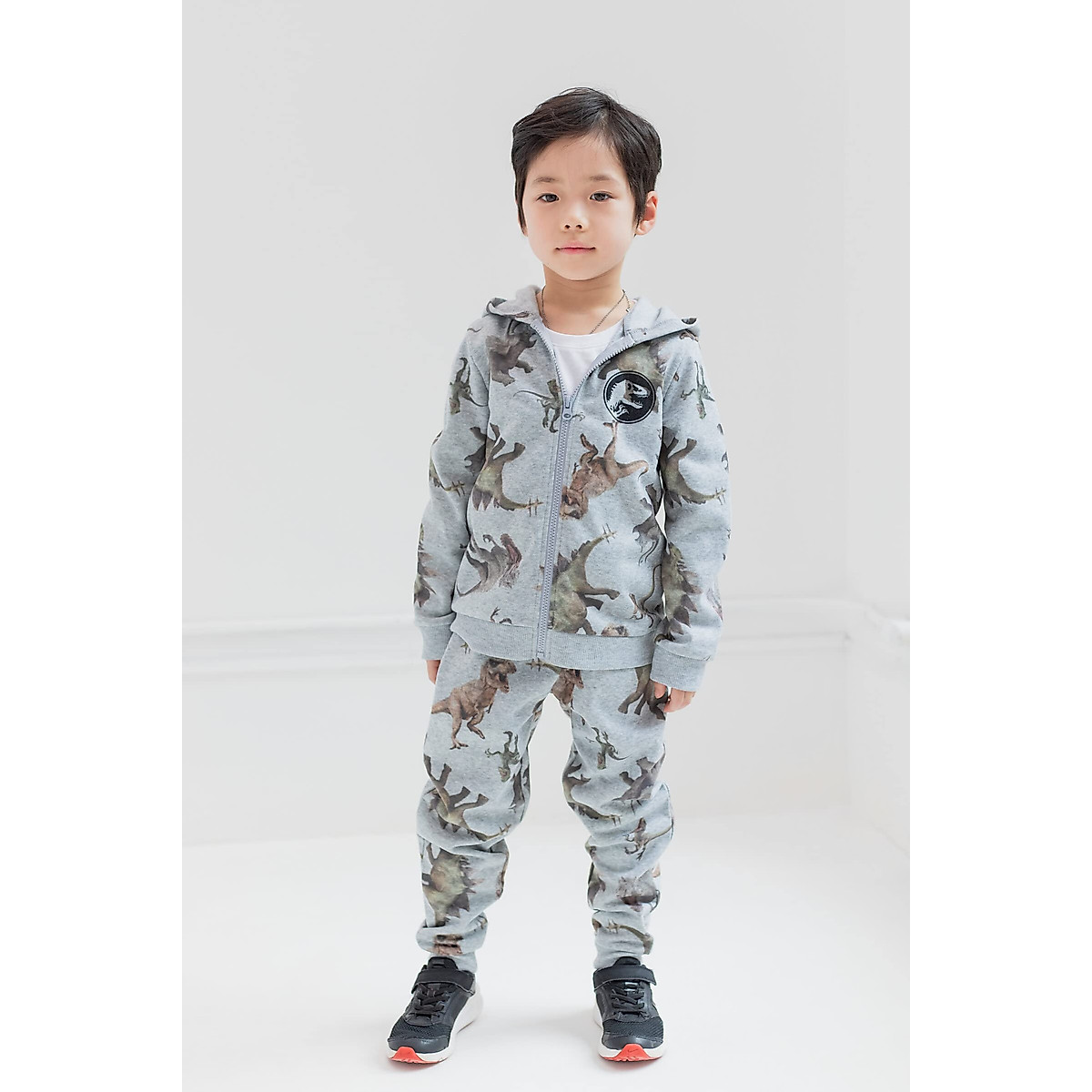Jurassic World Dinosaur T-Rex Big Boys Fleece Zip Up Hoodie and Jogger Pants Set Logo Gray 10-12