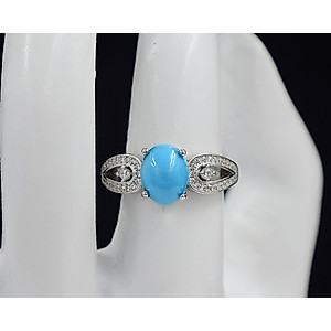 9X7 MM Oval Cut Natural Sleeping Beauty Turquoise Gemstone 925 Sterling Silver December Birthstone Solitaire Unisex Proposal Ring For Wedding Gift (Rhodium Plated Silver, 6)