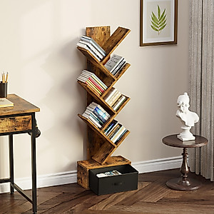 Rolanstar Bookshelf with Drawer, 7 Shelf Tree Bookshelf, Wooden Bookshelves Storage Rack for CDs/Movies/Books, Rustic Brown Bookcase, Utility Organizer Shelves for Living Room, Bedroom
