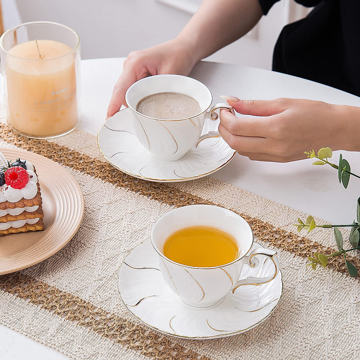 Agyiuns tea cups and saucers ceramic coffee mug 6oz for Coffee, Latte, Cafe Mocha and Tea-Set of 4, White