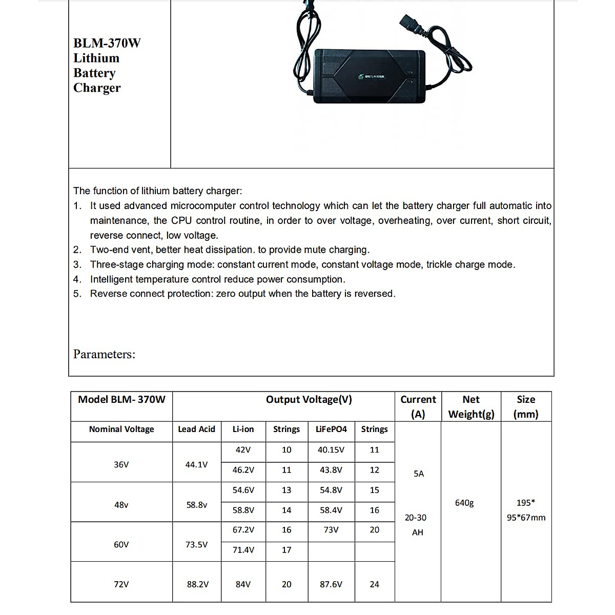 TCTYALR 370W Power 60v 72v 84v 5a Electric Bike bicycke Scooter Golf cart Lithium Battery Charger 48V Lithium ion Charger