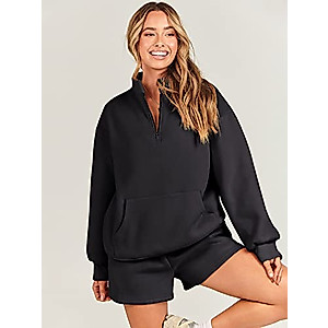 ANRABESS Women 2 Piece Outfits Fall Clothes Set Sweatsuit Oversized Half Zip Fleece Sweatshirt Casual Short Set Lounge Wear Tracksuit Set 2023 Trendy Sweat Set 1030heise-XL
