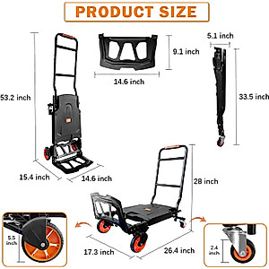Folding Hand Truck 2 in 1 Platform Truck Cart Heavy Duty Folding Push Dolly for Moving One-Button Folding Dual-Purpose Design 330lbs Capacity Hand Cart Foldable Dolly Push Cart with Bungee Cord Black