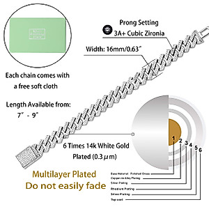 TOPGRILLZ 14mm 6 Times 14K Gold Plated Iced out Lab Diamond Miami Cuban Link Bracelet for Men with Box Clasp Hip Hop (7, rhodium-plated)