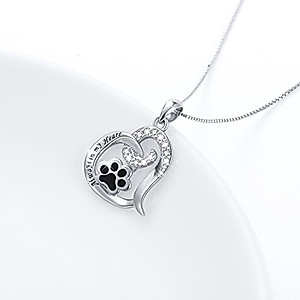 FLYOW Paw Necklace 925 Sterling Silver Always in My Heart Cute Puppy Paw Print Love Heart Pendant Necklace Memorial Gift for Women, 18"