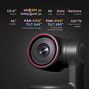 OBSBOT Tiny 4K PTZ Webcam, AI-Powered AI-Tracking Auto-Framing Gesture Control HDR 4K Webcam with Dual Omni-Directional Mic 4X Zoom in/Out for Video Meeting Remote Class Live Streaming