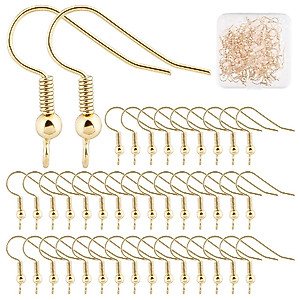 CREATCABIN 110Pcs 18K Gold Plated Earring Hooks Ear Wires Fish Hook Ball End Fish Earring Drop Dangle Coil Wires Connector Earring Findings with 220Pcs Plastic Ear Nuts for DIY Jewelry Making 19x20mm