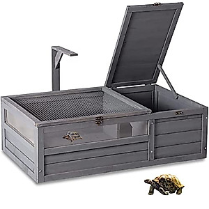 LEISU Wooden Tortoise House with Light Support Frame Lockable Tortoises Enclosure Turtle Habitat with Wire Top and Handle, Outdoor Reptile Cage (Grey)