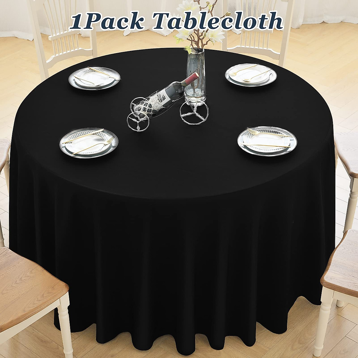 LEQEE Round Tablecloth,120inch Stain and Wrinkle Resistant Polyester Table Cloth,Decorative Fabric Table Cover for Kitchen,Dinning,Party,Wedding Round(Black)