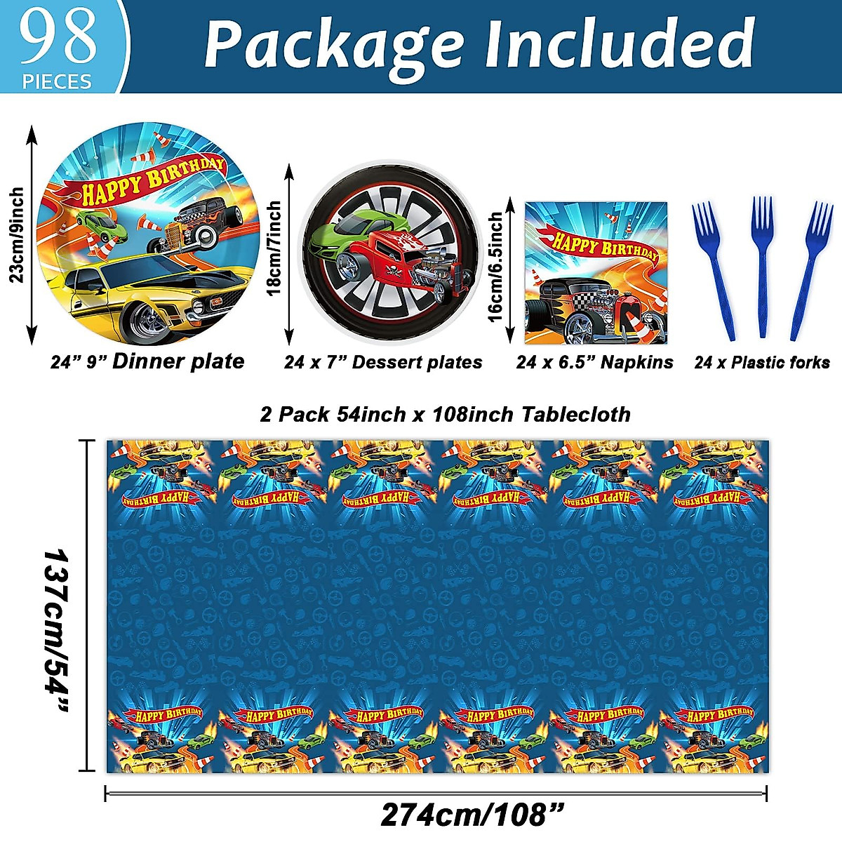 98 Pieces Racing Car Party Decorations Hot Car Tableware Set Racing Car Plates Napkins Tablecloth Party Supplies Kit for Kids Boys Racing Birthday Table Cover Dinnerware Party Favors 24 Guests