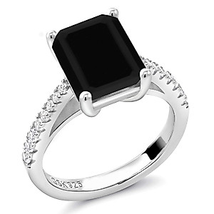 Gem Stone King 925 Sterling Silver Black Onyx and White Created Sapphire Women's Wedding Engagement Ring (3.39 Cttw, Gemstone Birthstone, 10X8MM Emerald Cut, Available In Size 5, 6, 7, 8, 9)
