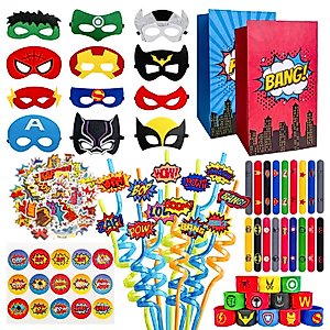 113PCS Superhero Party Favor Supplies -Reusable Drinking straws Masks&Slap Bracelets Candy Bags&Superhero Stickers Gifts for Kids Birthday Superhero Themed Party Favors Birthday Decorations
