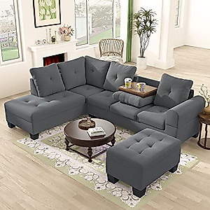 AWQM Upholstered Sectional Sofa for Home, Apartment, Dorm, Bonus Room, Compact Spaces w/Chaise Lounge, 5-Seat, L-Shape Design, Reversible Ottoman Bench, Living Room Funiture