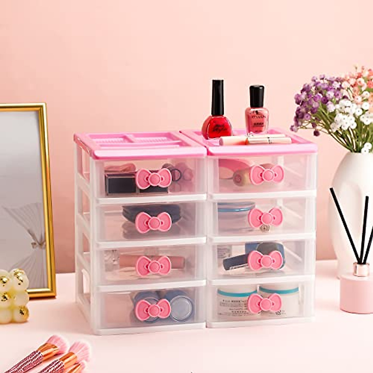 Lovely Pink Receiving Storage Cabinets Kawaii Makeup Organizer with 4 Layers Cute Storage Cabinet Box with Bow Handle Plastic Desktop Storage Box for Home Bedroom Bathroom Women Girl Gifts, Clear