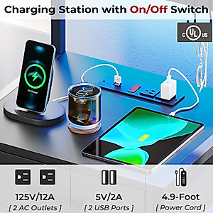 Nightstand with Charging Station and LED Lights, LED Night Stand with 2 USB Ports and 2 AC Outlets, Modern End Table with 3 Drawers, Bedside Table with Open Storage for Bedroom, Black