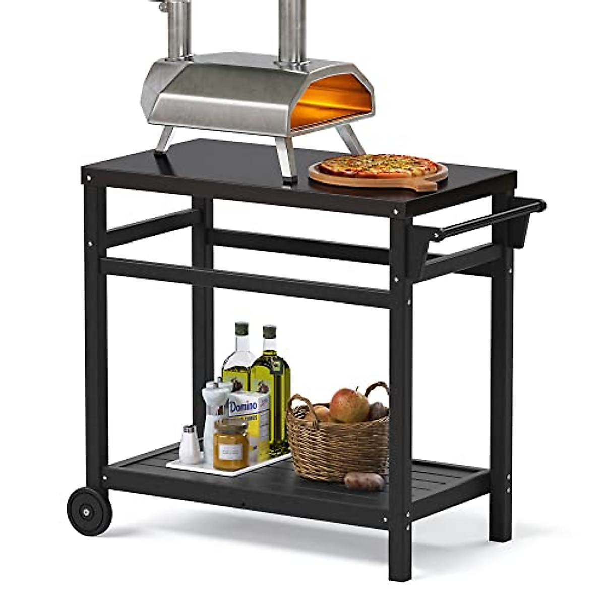 Outdoor Prep Dining Table,Movable Pizza Oven Stand, Stainless Steel Patio Bar Cart,Patio Grilling Backyard BBQ Grill Cart,Dark Gray Tabletop（Black）