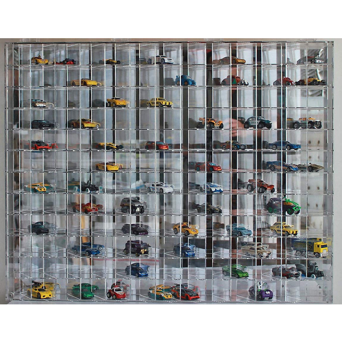 DisplayGifts Clear Acrylic Display Case for 1:64 Scale Hot Toy Cars Wheels Model Cars Display with 144 Compartments in 45 Degree Angle, Clear, UV Protect 22.5 X 30.4 X 3 Inches, Wall Mounted Storage