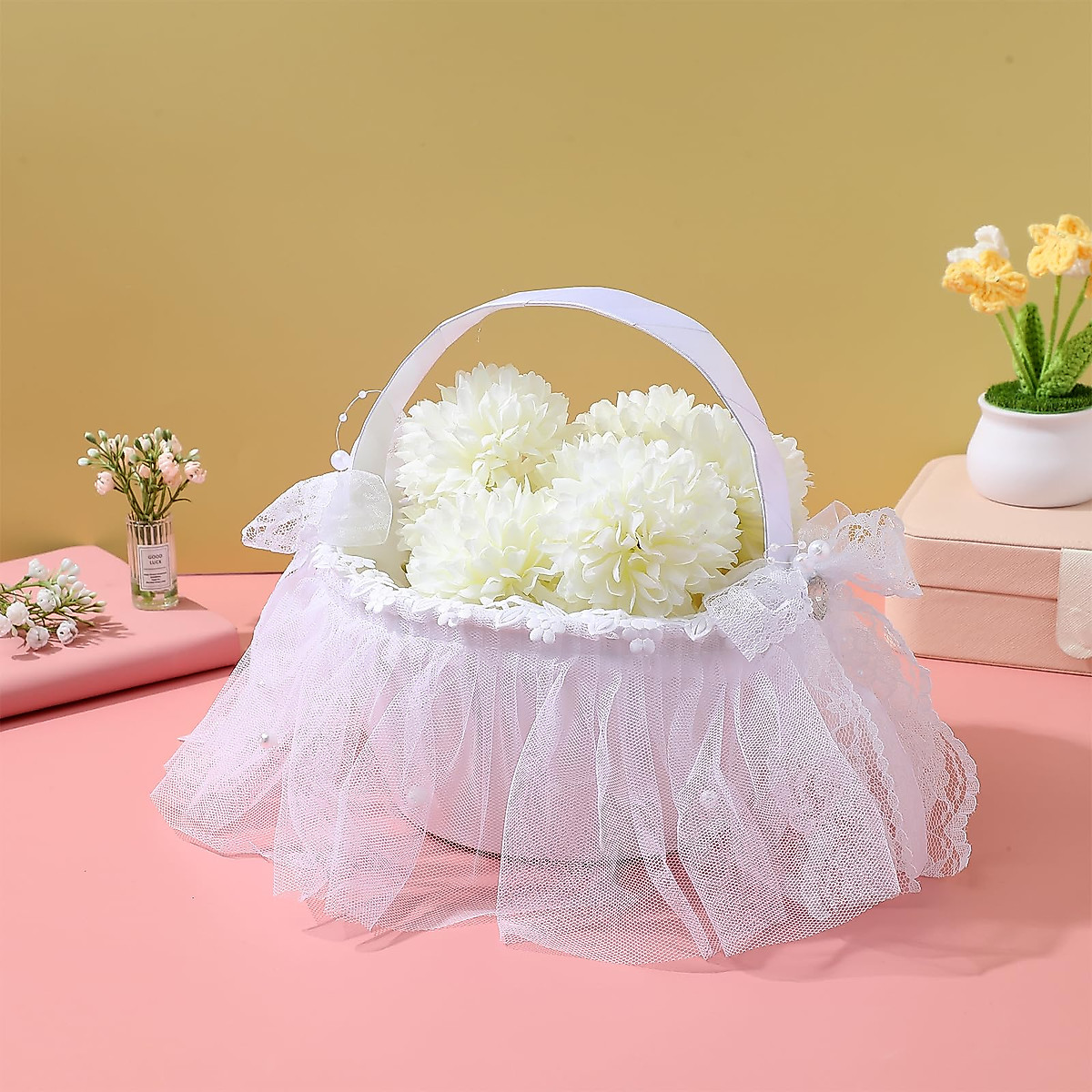 Abaodam White Hamper White Basket Flower Girl Baskets Lace Bridal Basket White Flower Basket Lace Satin Basket Pendant Drill Flower Girl Baskets for Weddings Baskert for Wedding Wedding Basket White