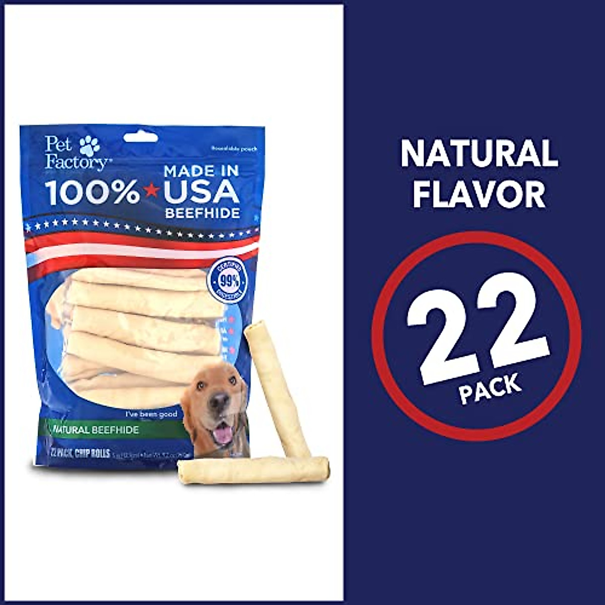 Pet Factory 100% Made in USA Beefhide 5" Chip Rolls Dog Chew Treats - Natural Flavor, 22 Count/1 Pack