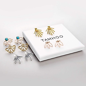 18 Pairs Multiple Dainty Lotus Flower Ear Jacket Earrings-Minimalism CZ Bar Turquoise Studs-White Rose Gold Plated Statement Chic Fashion Stud Earring Set New Year Christmas Gift for Teens Girl Women