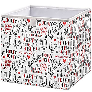 visesunny Closet Baskets New Year Red Rooster Holly Jolly Storage Bins Fabric Baskets for Organizing Shelves Foldable Storage Cube Bins for Clothes, Toys, Baby Toiletry, Office Supply