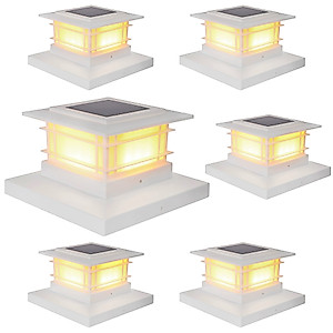 Dynaming 6 Pack Solar Post Lights Outdoor, Solar Powered White Shell Fence Post Cap Lights, High Brightness Warm White LED Lighting for Garden Deck Patio, Fit 4x4, 5x5 or 6x6 Vinyl/Wooden Posts