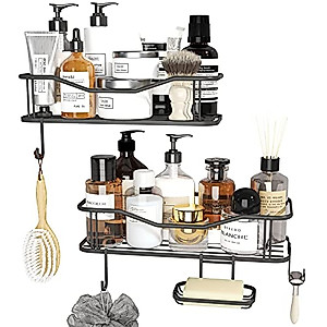 MXARLTR Adhesive Shower Caddy Shower Shelves, Shower Shelf for Inside Shower, No Drilling Wall Mounted Shower Basket Shelf with 3 Hooks, Kitchen Spice Rack Bathroom Shower Organizer 3 Pack, Black