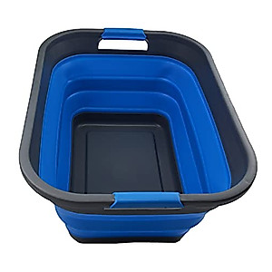 SAMMART 36L (9.5 gallon) Collapsible Plastic Laundry Basket-Foldable Pop Up Storage Container/Organizer-Portable Washing Tub-Space Saving Hamper, Water capacity: 28L(7.4 gallon) (1, Grey/Blue)