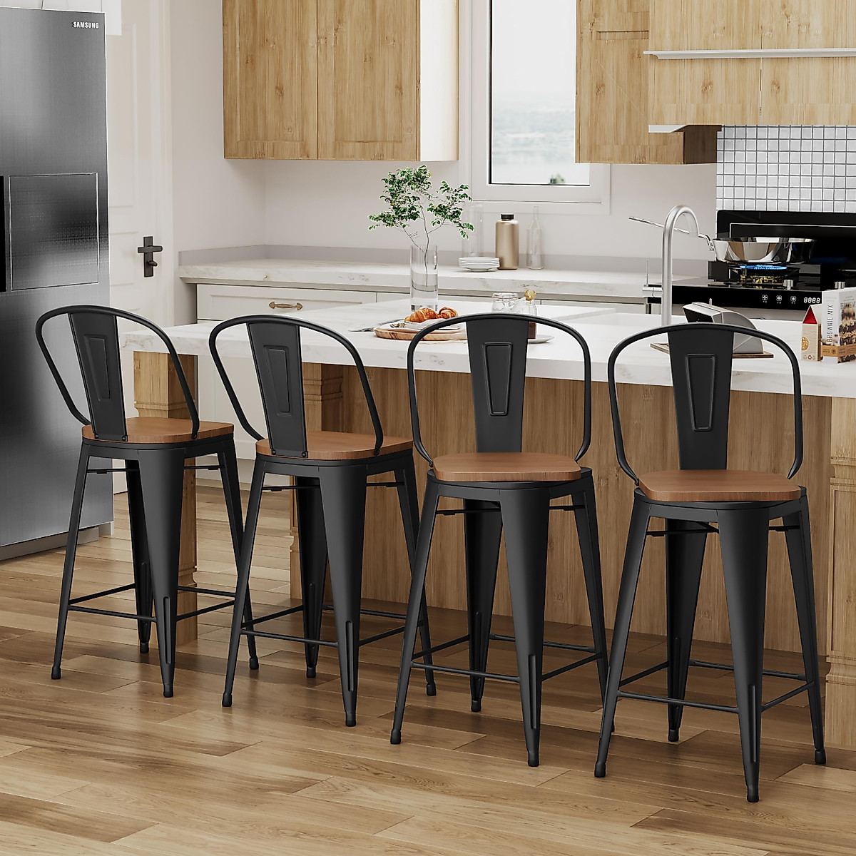 Alunaune 30" Swivel Metal Bar Stools Set of 4 High Back Counter Height Barstools Industrial Dining Bar Chairs with Large Wooden Seat-Matte Black