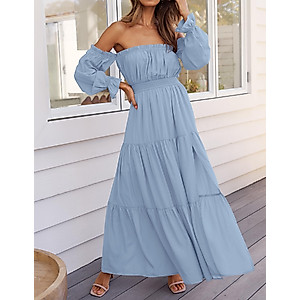 ZESICA Women's 2025 Boho Sexy Off Shoulder Long Sleeve Smocked High Waist Side Split Flowy A Line Tiered Long Maxi Dress,LightBlue,Medium