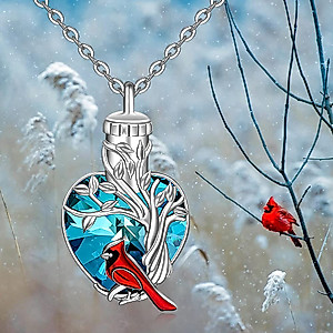 Cardinal Urn Necklace for Ashes for Women Tree of Life Cremation Urn Necklace Sterling Silver Heart Crystal Red Cardinal Memorial Keepsake Jewelry Pendant Christmas Gifts