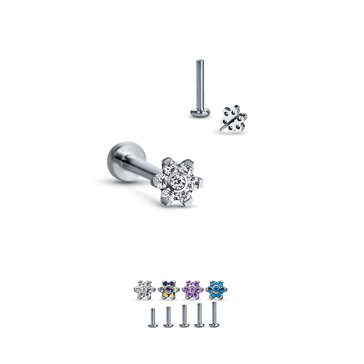 Titanium Labret Monroe Ear Cartilage Threadless Push Pin Nose Stud Aurora Flower 5/16" (8mm) Post 18G