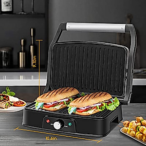 Aigostar Electric Panini Press, 1500W Stainless Steel Sandwich Maker with Adjustable Temperature Setting, Opens 180 Degree Indoor Grill with Non-stick Plates, Removable Drip Tray and Indicator Lights