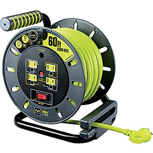 Masterplug 60ft Cord Reel, Extension Lead with Winding Handle, Safety Overload Circuit Breaker and Power Switch, Four Outlets, 14AWG