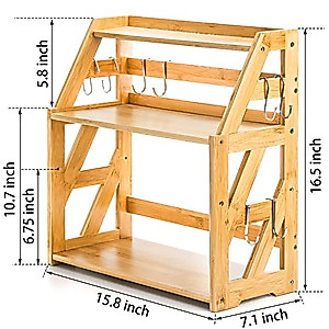 Bekith 3 Tier Bamboo Spice Rack Storage Shelves, Kitchen Countertop Organizer with Hooks, Standing Pantry Shelf, Adjustable Vanity Shelf Desk Bookshelf for Bedroom, Bathroom & Office