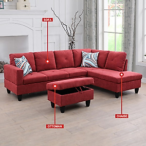 LOPOO 3-Piece 97.5'' L-Shaped Sectional Sofas with 66.5'' Chaise Lounge and Storage Ottoman, Flannelette Modular Large Living Room Couches for Home Office, Living Furniture Right Hand Facing (Red)