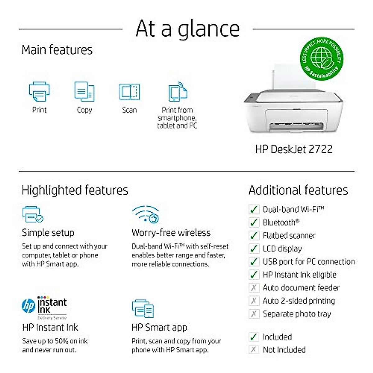 HP Deskjet 2622 All-in-one Printer Wireless Print Scan Copy, USB Cable Included