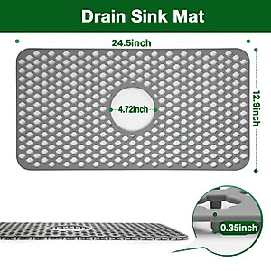 Sink Protector for Kitchen Sink,24.5''x12.9'' Silicone Sink Mat Grid Accessory for kitchen sink with Center Hole Nonslip Heat Resistant for Bottom of Farmhouse Stainless Steel Porcelain Sink