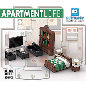 Brick Loot Toy Building Blocks Furniture Minifigure City Set Kit, For Adults & Kids Age 6+, 100% Compatible with Lego & Major Brands, Includes Bookcase, TV, Bed, Couch, Chair, Coffee Table, 236 Pieces