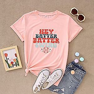 Cute Baseball T-Shirt Women Hey Batter Swing Tee Shirt Short Sleeve Casual Summer Funny Graphic Sports Tops (Light Pink, M)