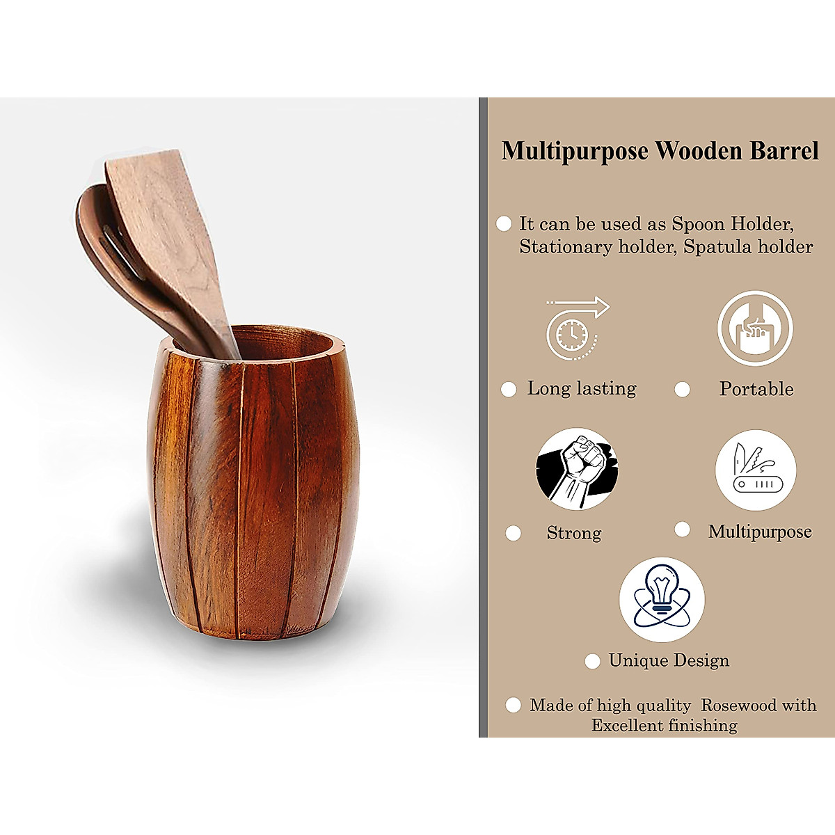 americancomfy Utensil Holder for Kitchen Counter Wooden Large Round Utensils Holder Barrel-Shape Multipurpose Utensil Storage Organizer Countertop Kitchen Utensil for christmas gift