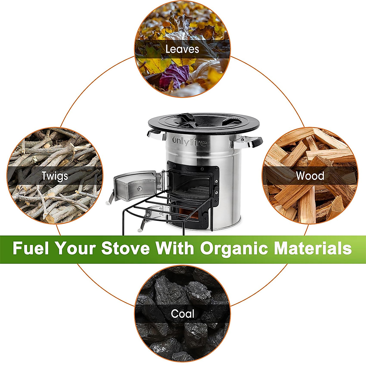 Onlyfire Rocket Stove Outdoor Portable Wood Burning Camp Stove, Large Stainless Steel Camping Stove for Outside Cooking Survival Campfire Patio Backyard Gathering 12.7 x 12.7 x 11.4 Inch